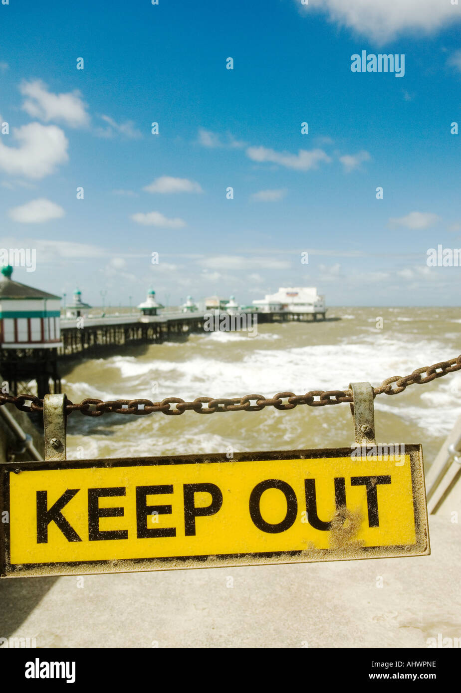 Keep out sign in place during high tide and stormy weather,Blackpool,UK ...