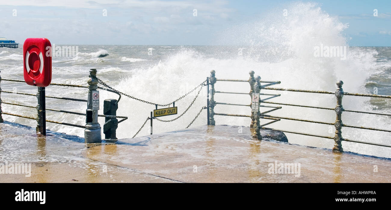 Waves break over seawall during stormy weather at Blackpool,UK Stock ...