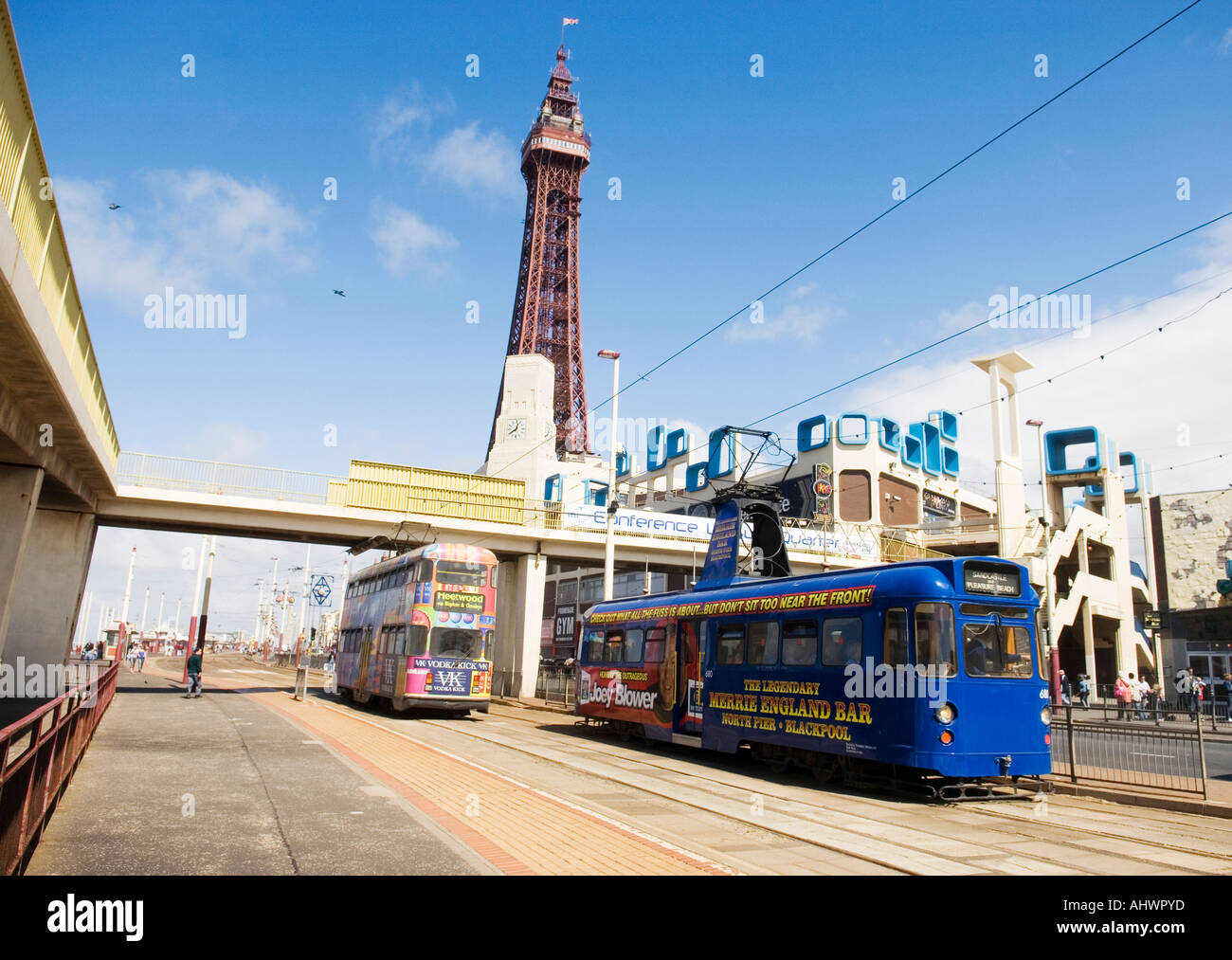 Trams and tower on Blackpool promenade in summer Stock Photo - Alamy