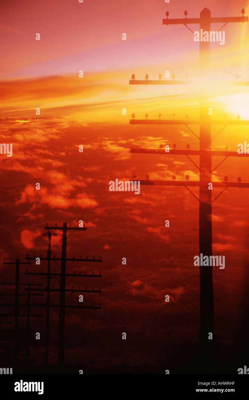 Telephone pole in fiery sunset Stock Photo - Alamy