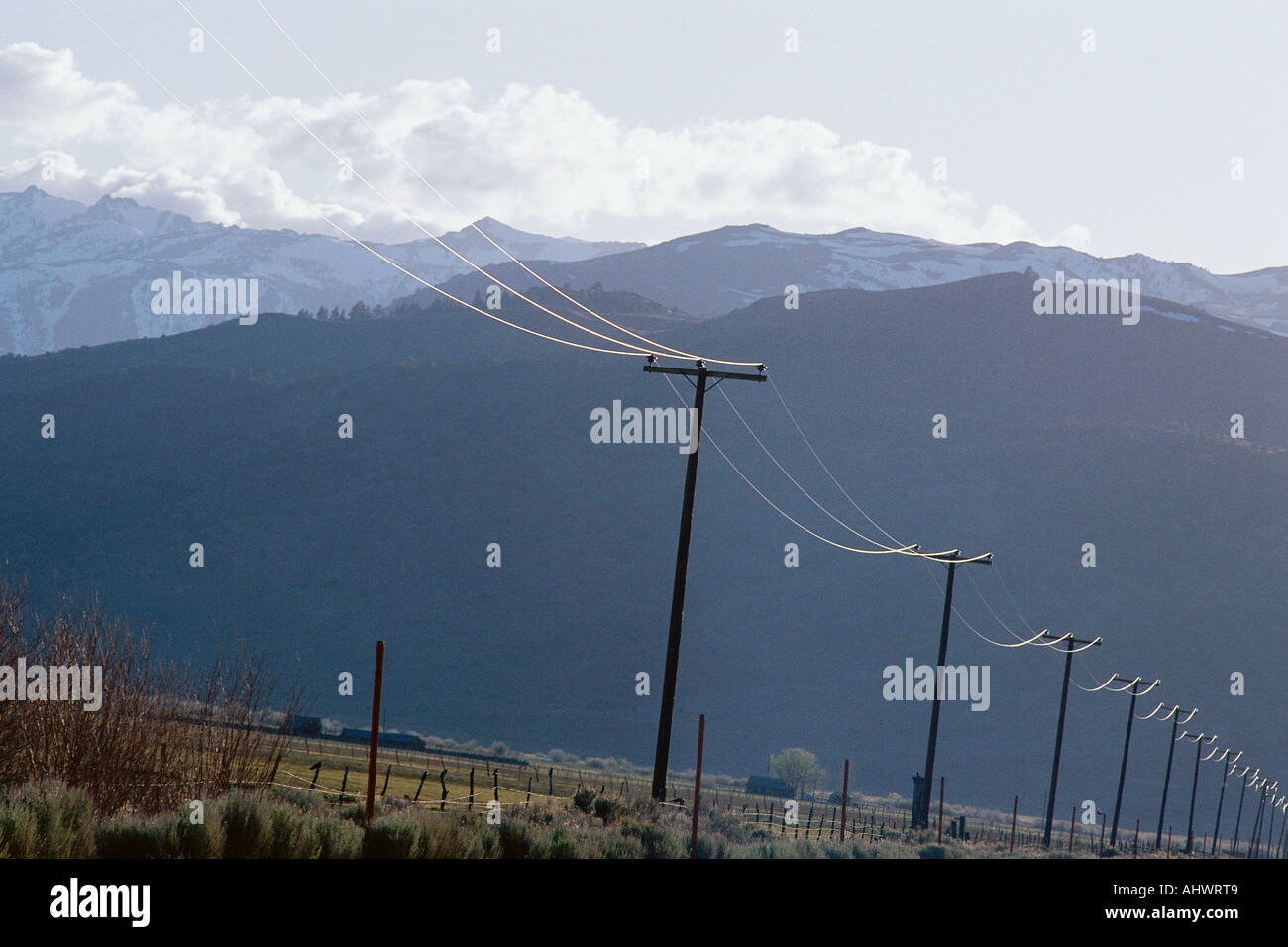 Telephone poles against mountain backdrop Stock Photo - Alamy