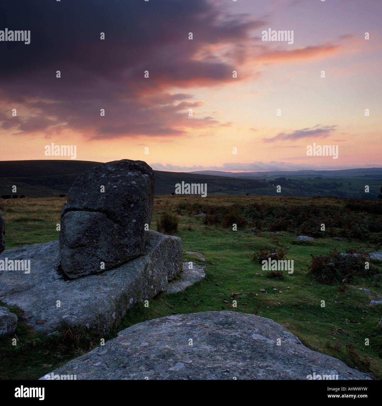 Sunset from Combestone Tor, Devon, England Stock Photo - Alamy