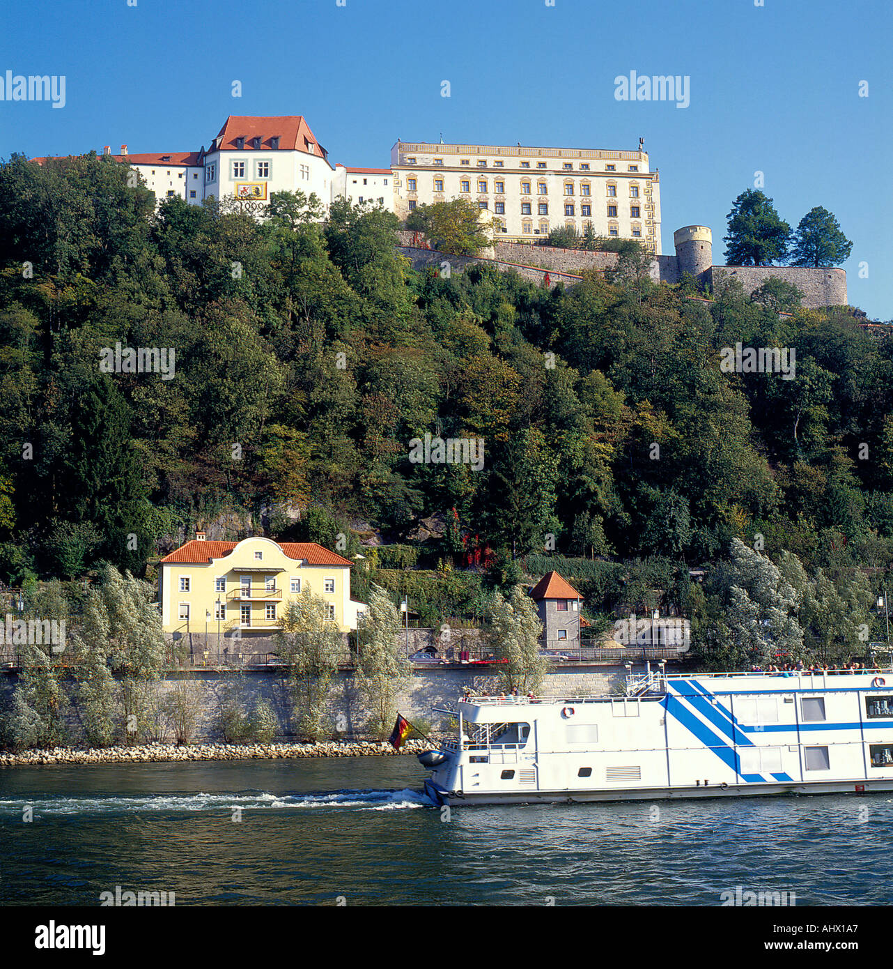 tourist boat on the river Danube in Passau Bavaria, Germany Background ...