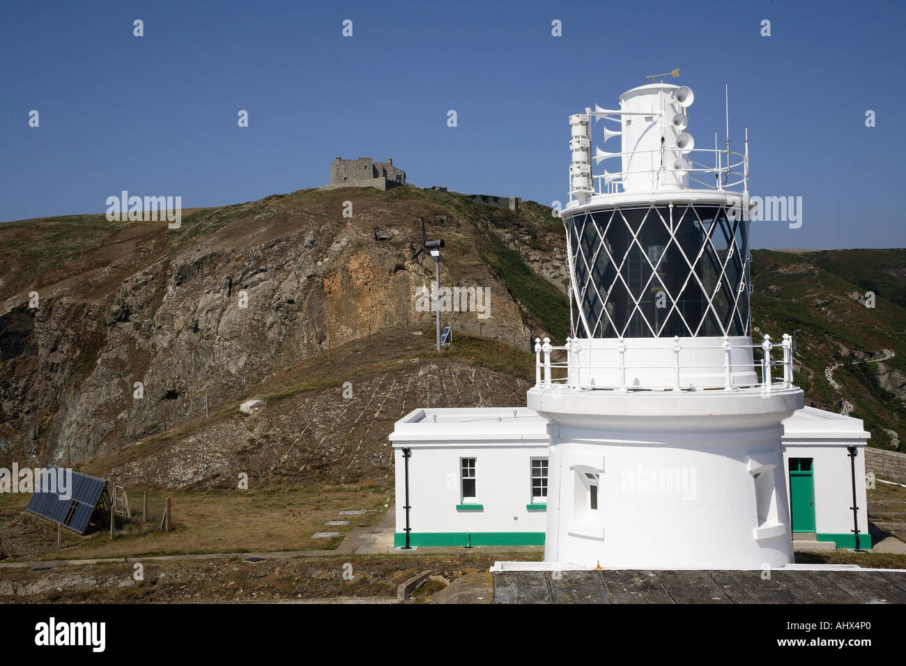 England. Lundy island. Lighthouse and castle Stock Photo - Alamy