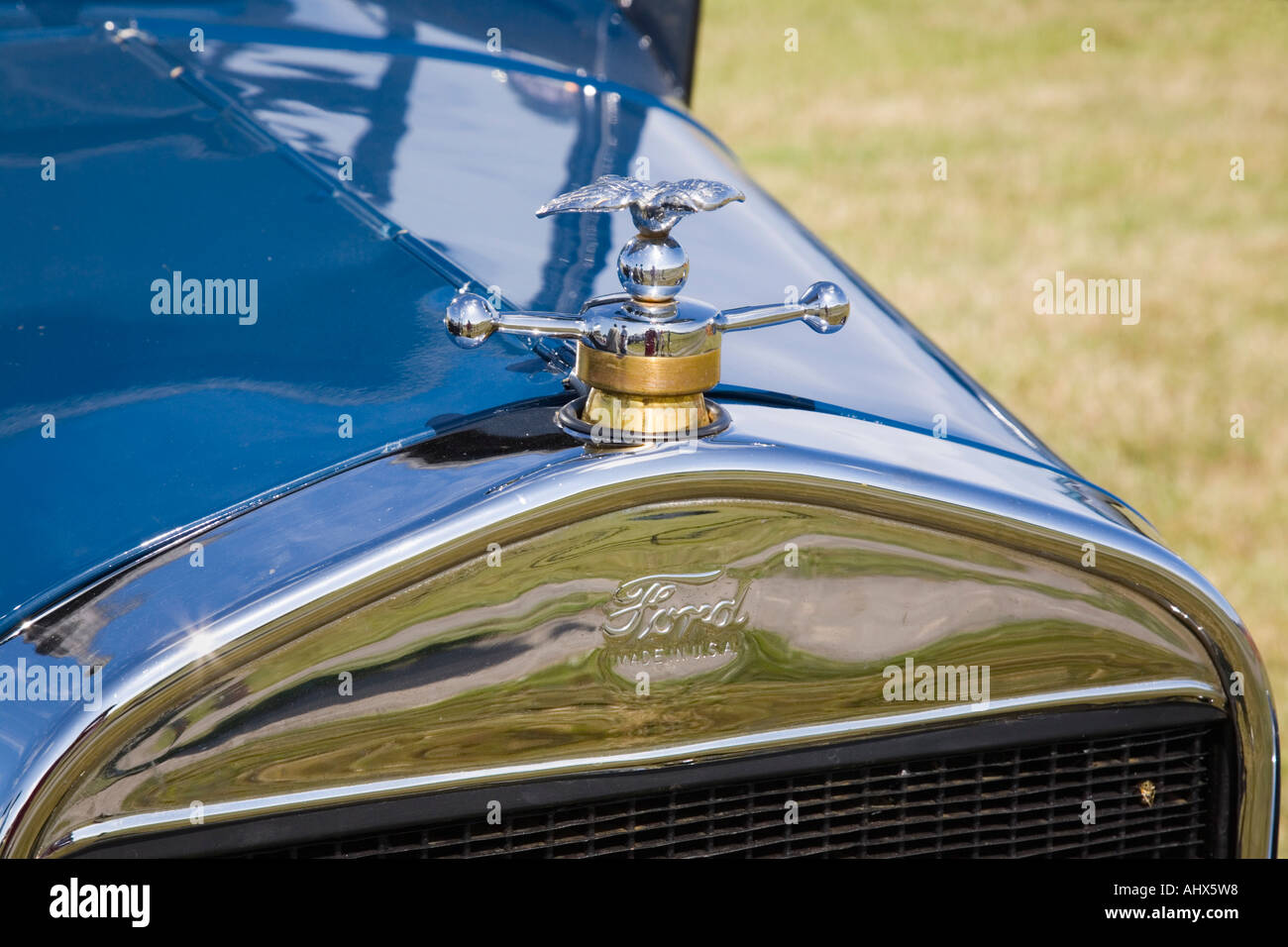 Vintage Ford Model T 1927 emblem on blue front bonnet in close up Stock ...