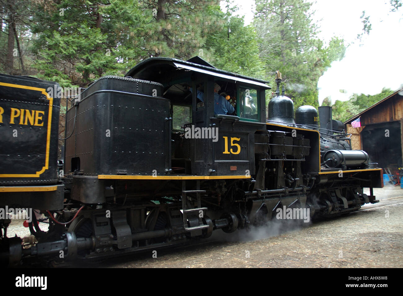Steam locomotive on the Yosemite Mountain Sugar Pine Railroad outside ...
