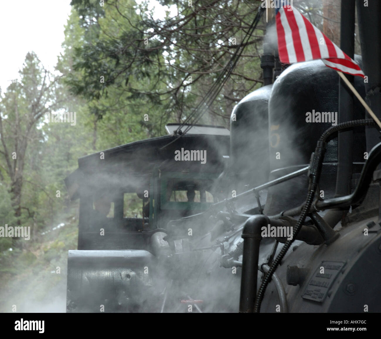 Steam locomotive on the Yosemite Mountain Sugar Pine Railroad outside ...