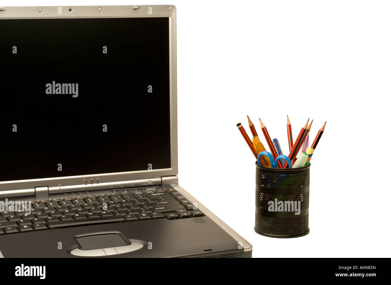 Office desk computer and stationery cut out Stock Photo - Alamy