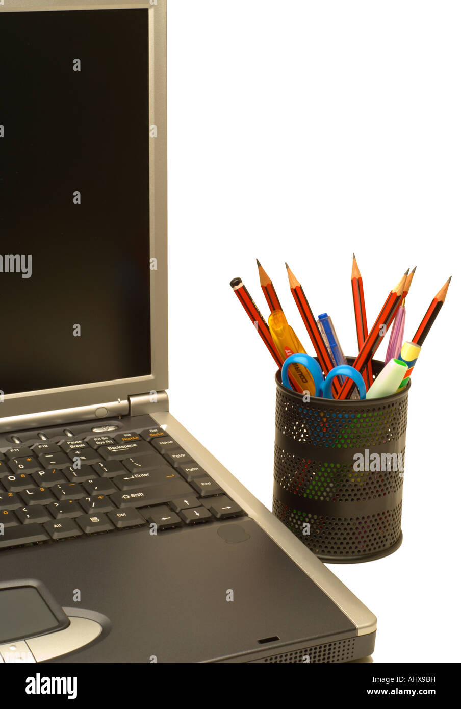 Business office workstation with computer and pens Stock Photo - Alamy