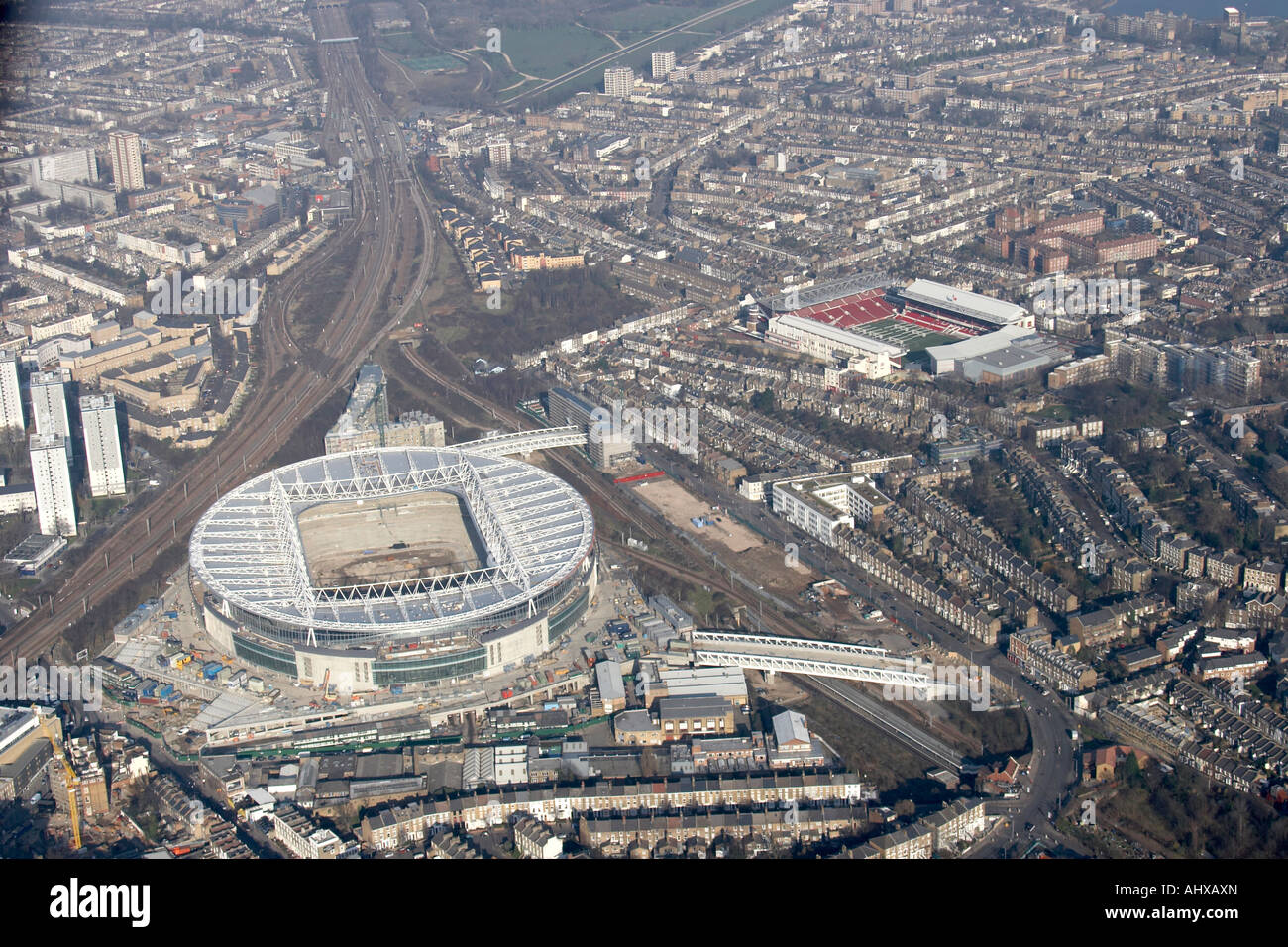 High level oblique aerial view north of Arsenal Football Club Emirates ...