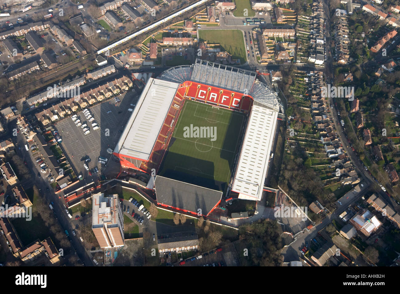 High level vertical aerial view down of Charlton Athletic Football Club ...
