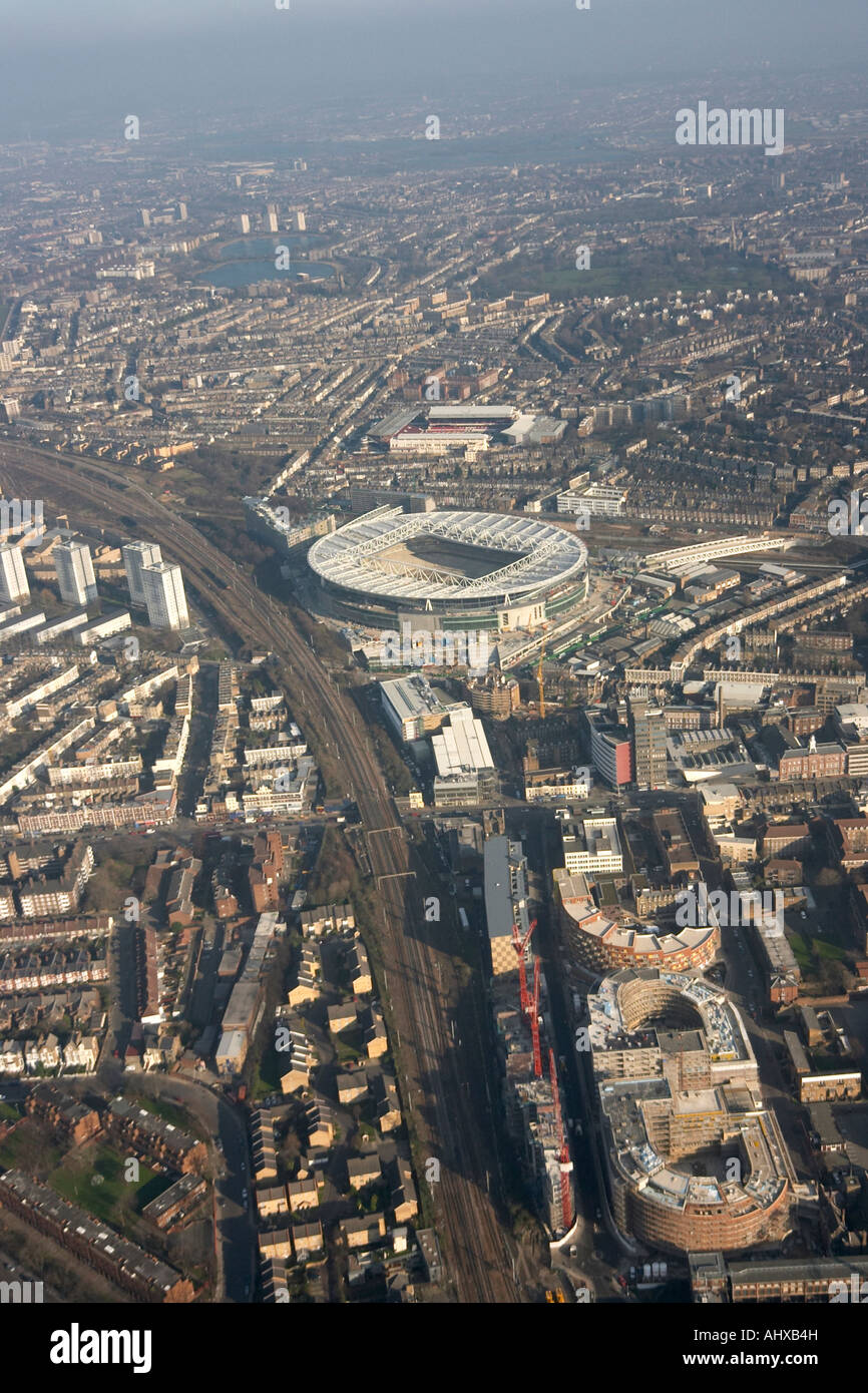High level aerial view east of Arsenal Football Club Emirates Stadium ...