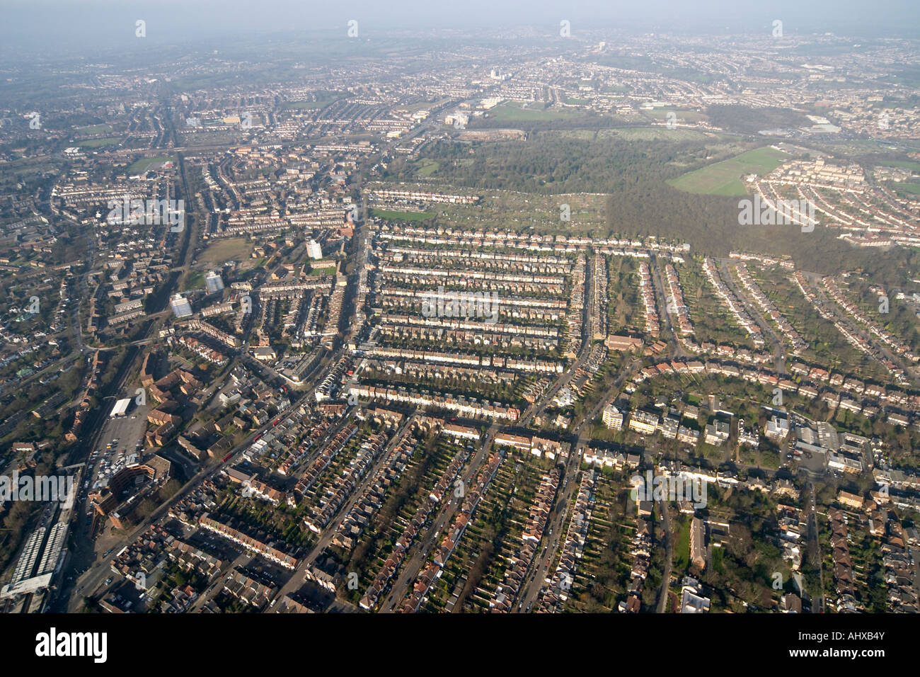 High level oblique aerial view north of Fortis Green A1000 St Pancras ...