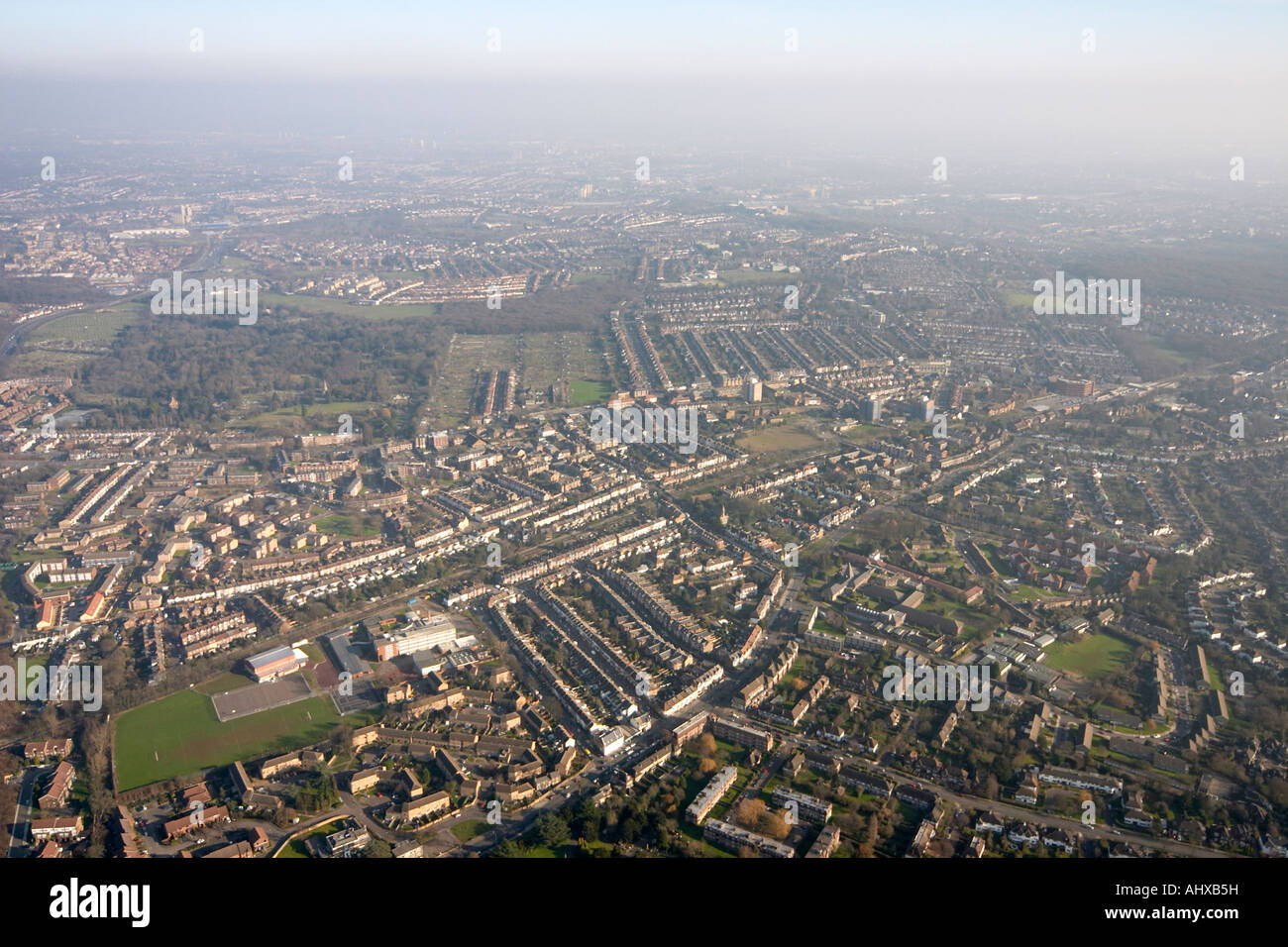 High level oblique aerial view east of Fortis Green St Pancreas ...