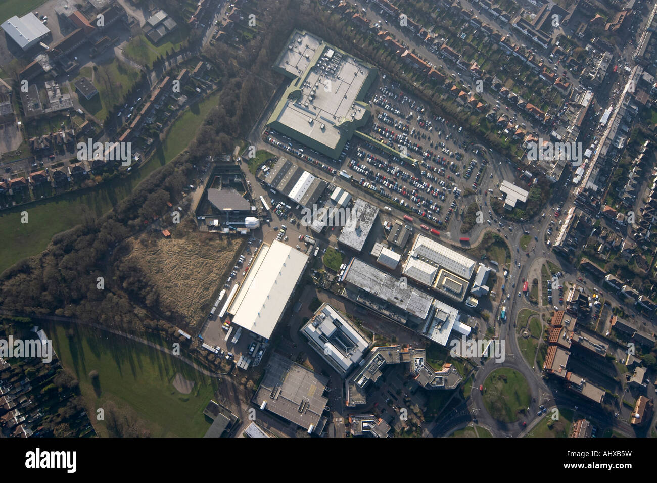 High level vertical aerial view overhead of Elstree Studios and Big ...