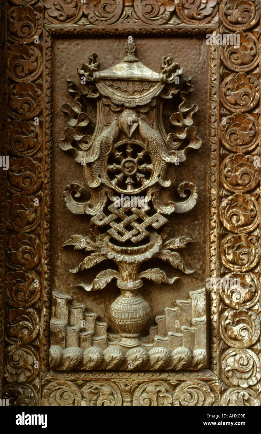 Door carving symbolise buddhist auspicious signs Boudhanath stupa ...