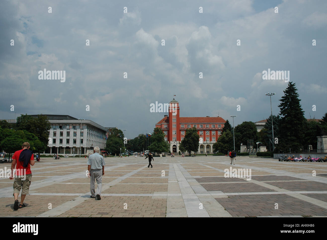 The main square and the red city hall of the Bulgarian city of Pleven ...