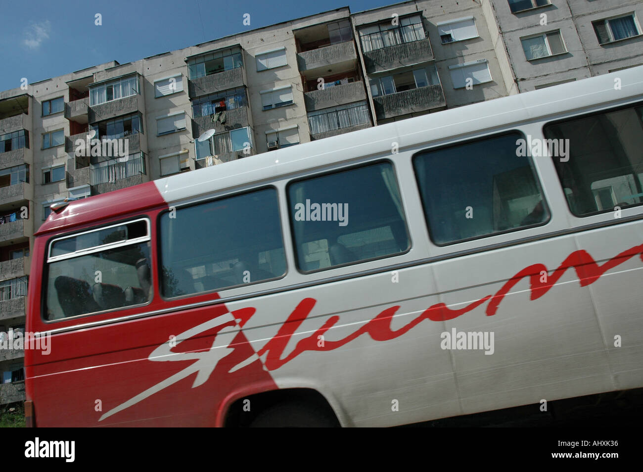 Public transport in Sofia Bulgaria. Bus painted in red and white with ...
