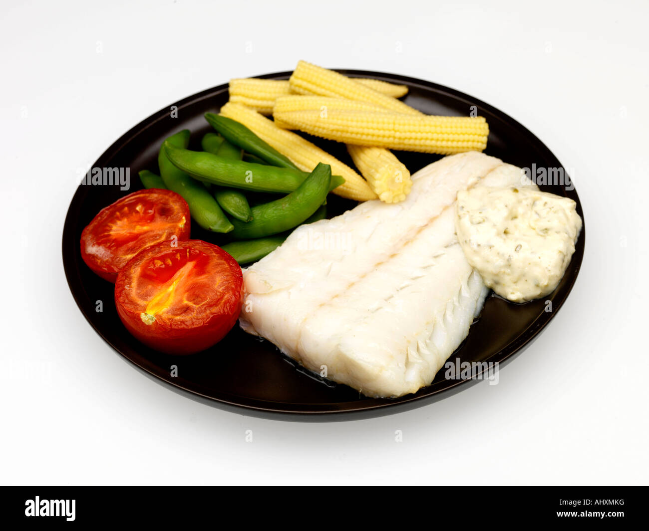 Grilled Cod and Vegetables Stock Photo - Alamy