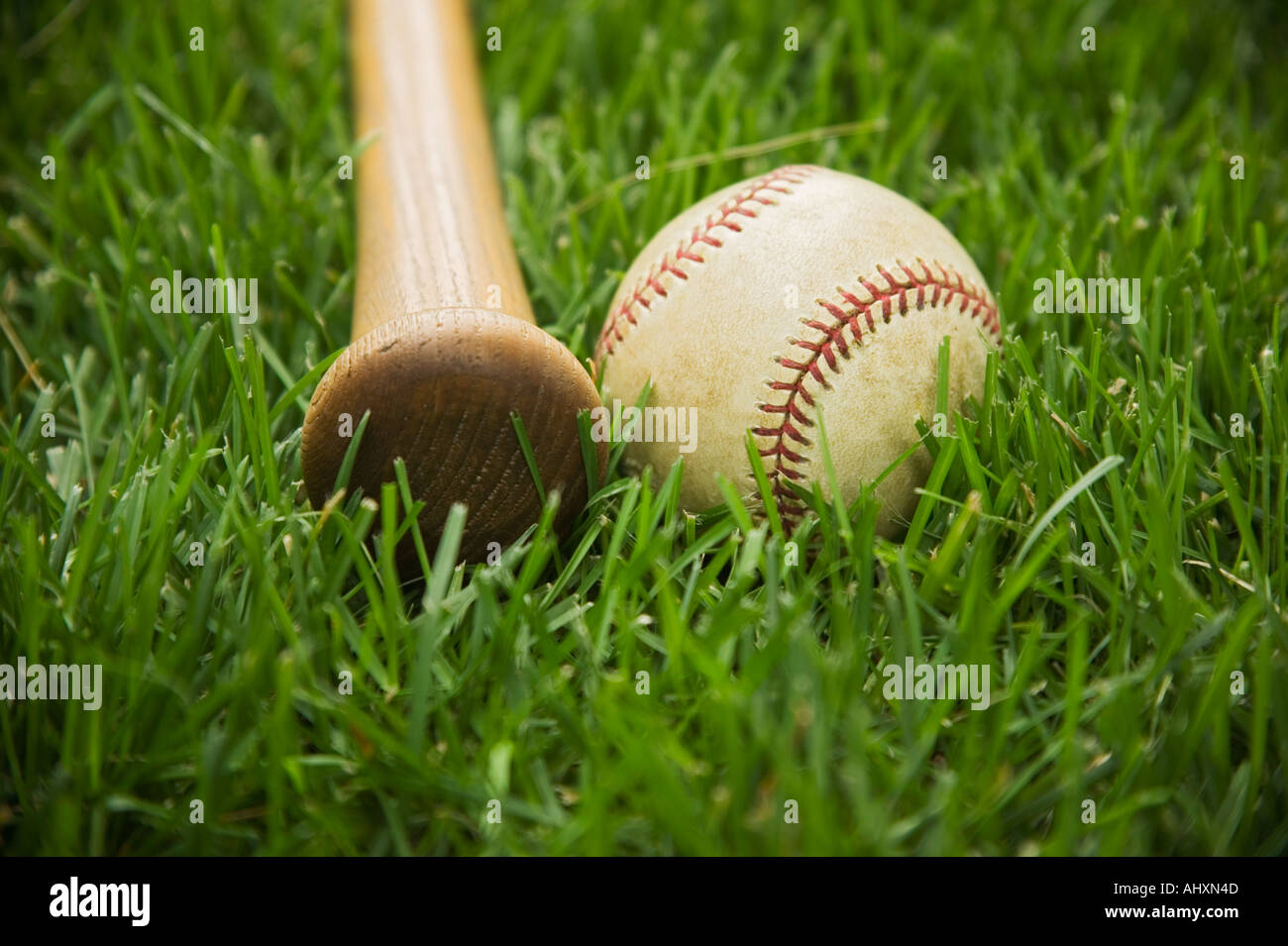 Bat and baseball laying on grass Stock Photo - Alamy