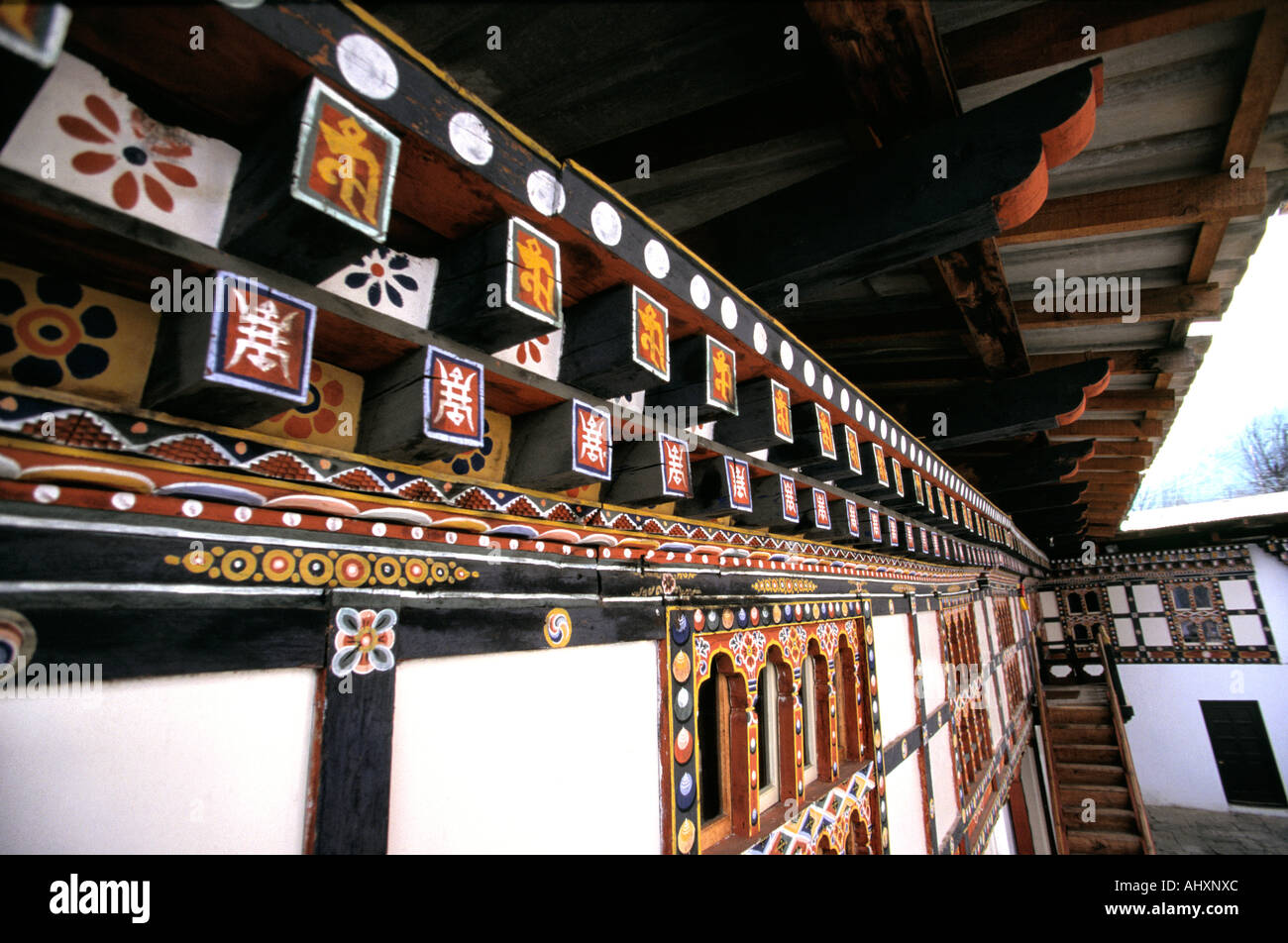 Bhutan Paro Gantey Palace Hotel detail of painted timber construction ...