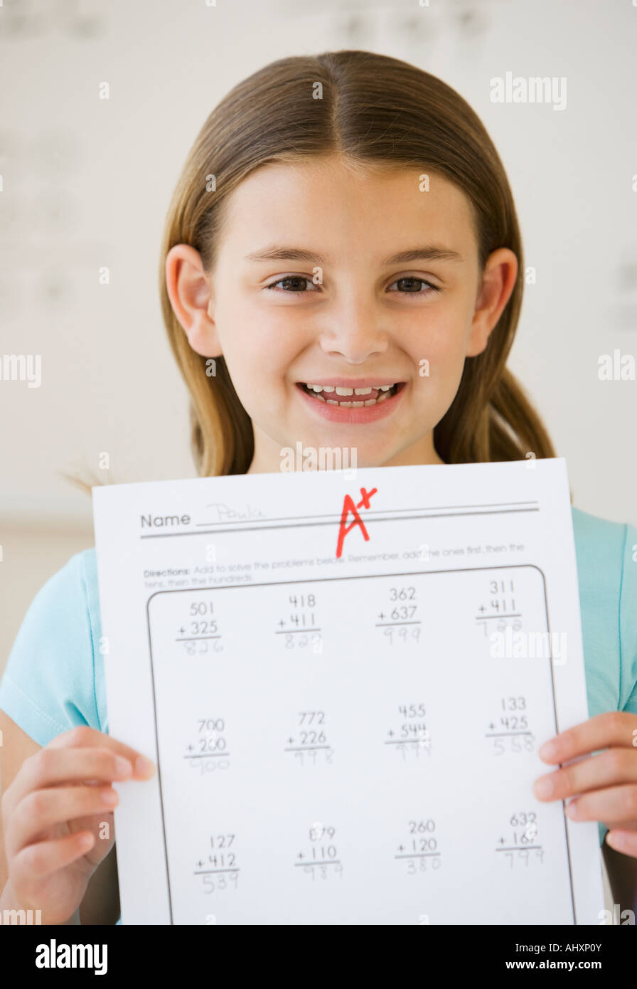 Girl schoolwork with F grade Stock Photo - Alamy