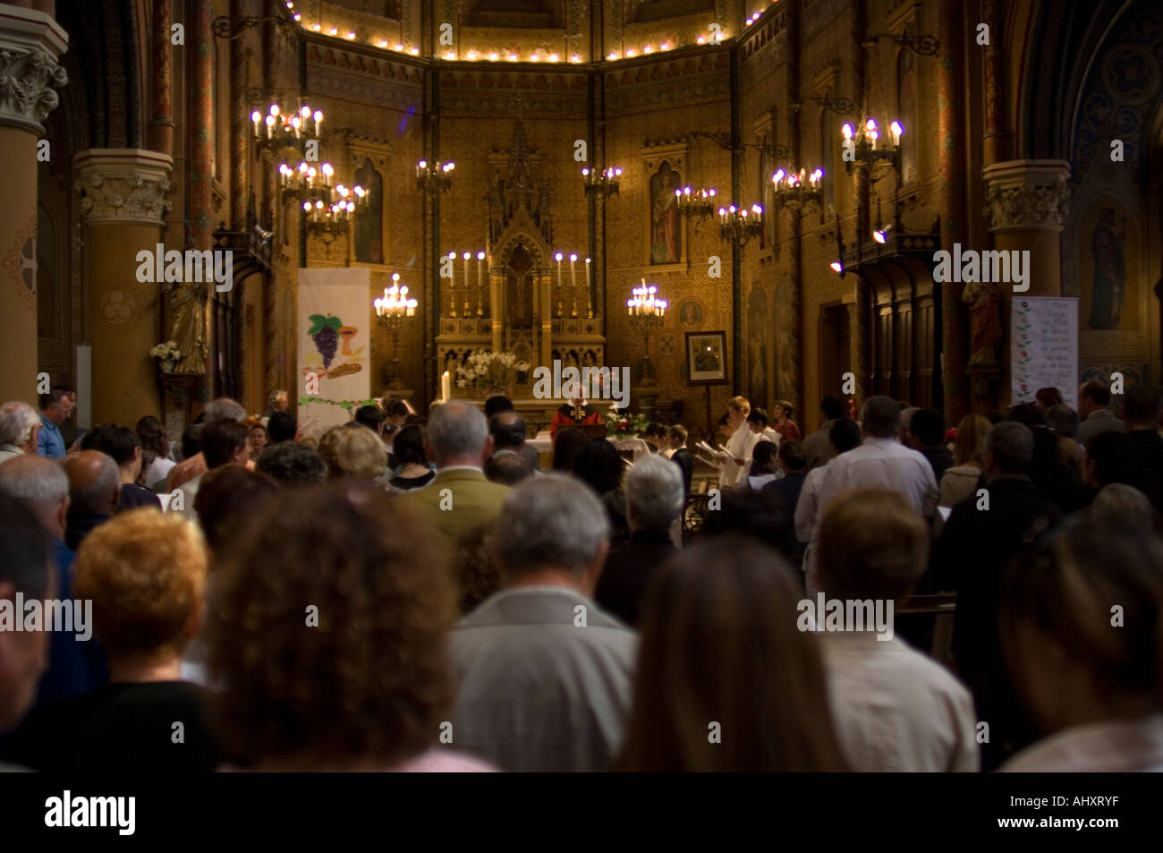 Catholic church assembly during mass Castelmoron Lot et Garonne France ...