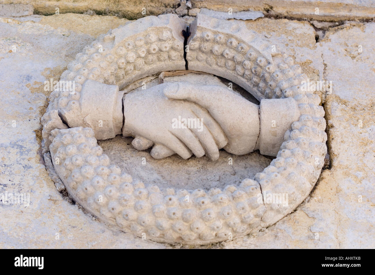 Carved hand shake on mausoleum in cemetery of Caumont sur Garonne Lot ...