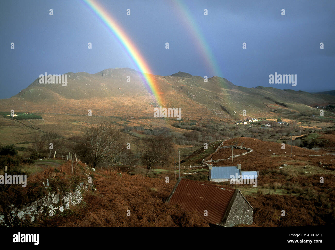 irish mountain landscape with double rainbow, beauty in nature Stock ...