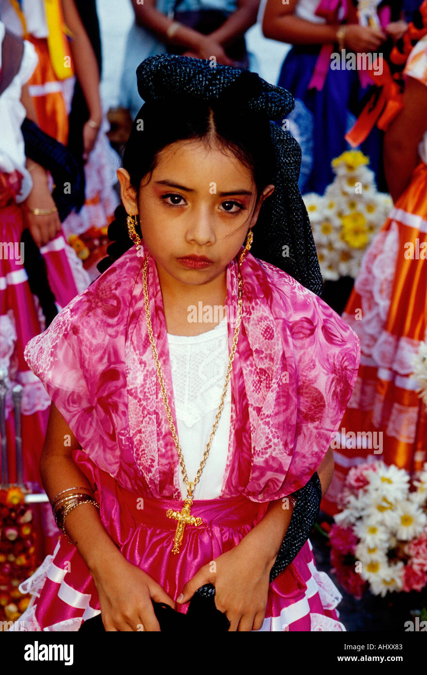 Mexican girl, Mexican, girl, costumed dancer, portrait, Guelaguetza Festival, Oaxaca, Oaxaca de ...