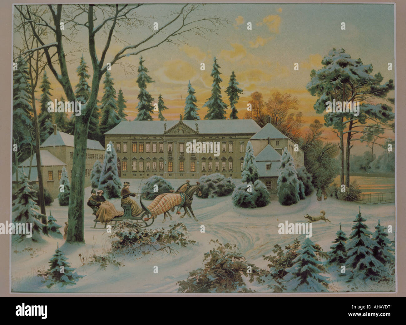 "fine arts, Kämmerer, Rob., graphics, "castle at sunset with sleigh ...