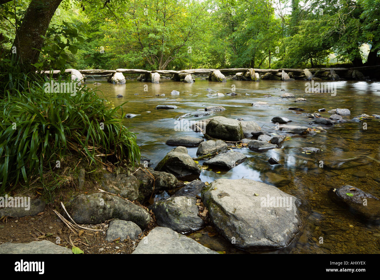 Tarr Steps ancient clapper bridge over river Barle Exmoor Somerset UK ...