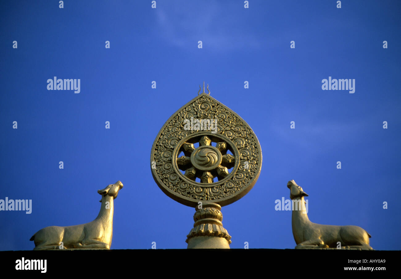 Golden Wheel of Dharma and pair of deer symbol of Brahma and Indra on ...