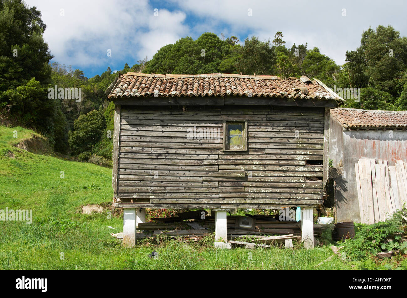 Wooden barn on stilts near Sete Cidades on Sao Miguel island in the ...