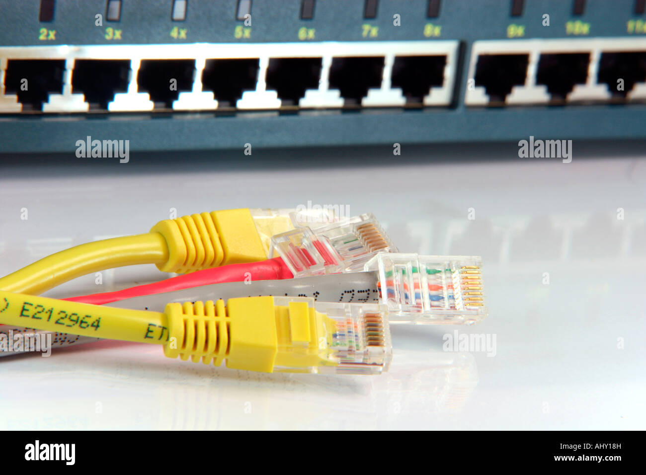 colorful ethernet cables with router ports blur background Stock Photo ...