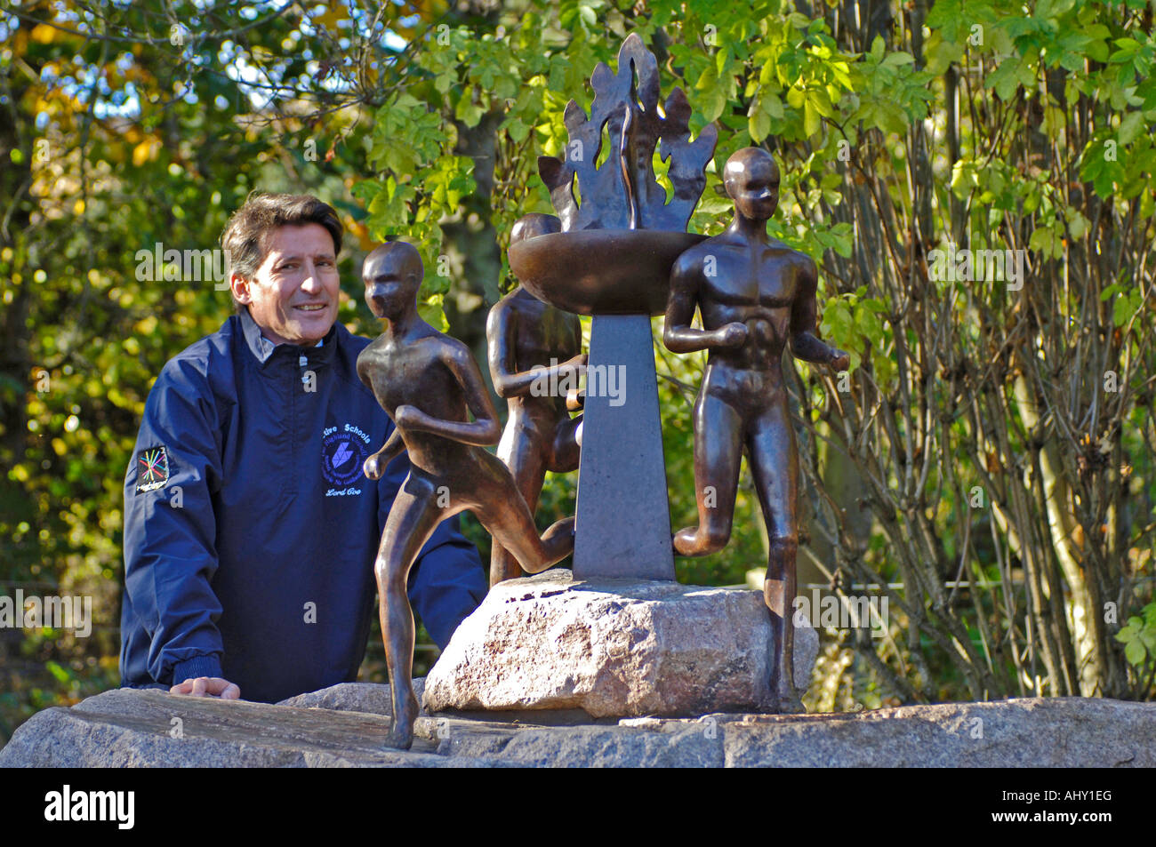 Lord Coe looks towards the newly unveiled sculpture in recognition of ...