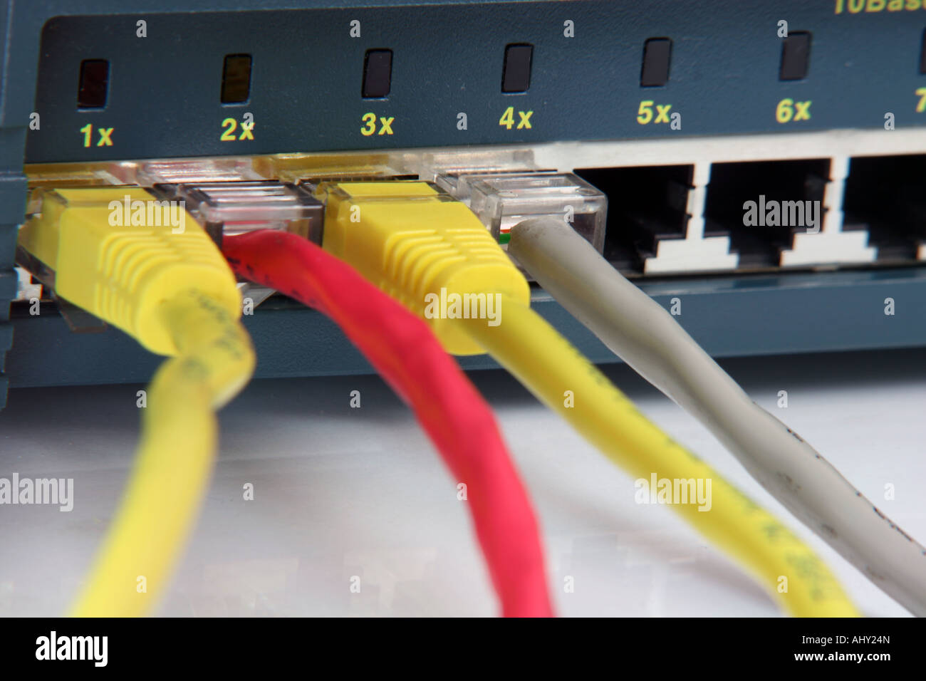router hab with ethernet cables computer network closeup Stock Photo ...