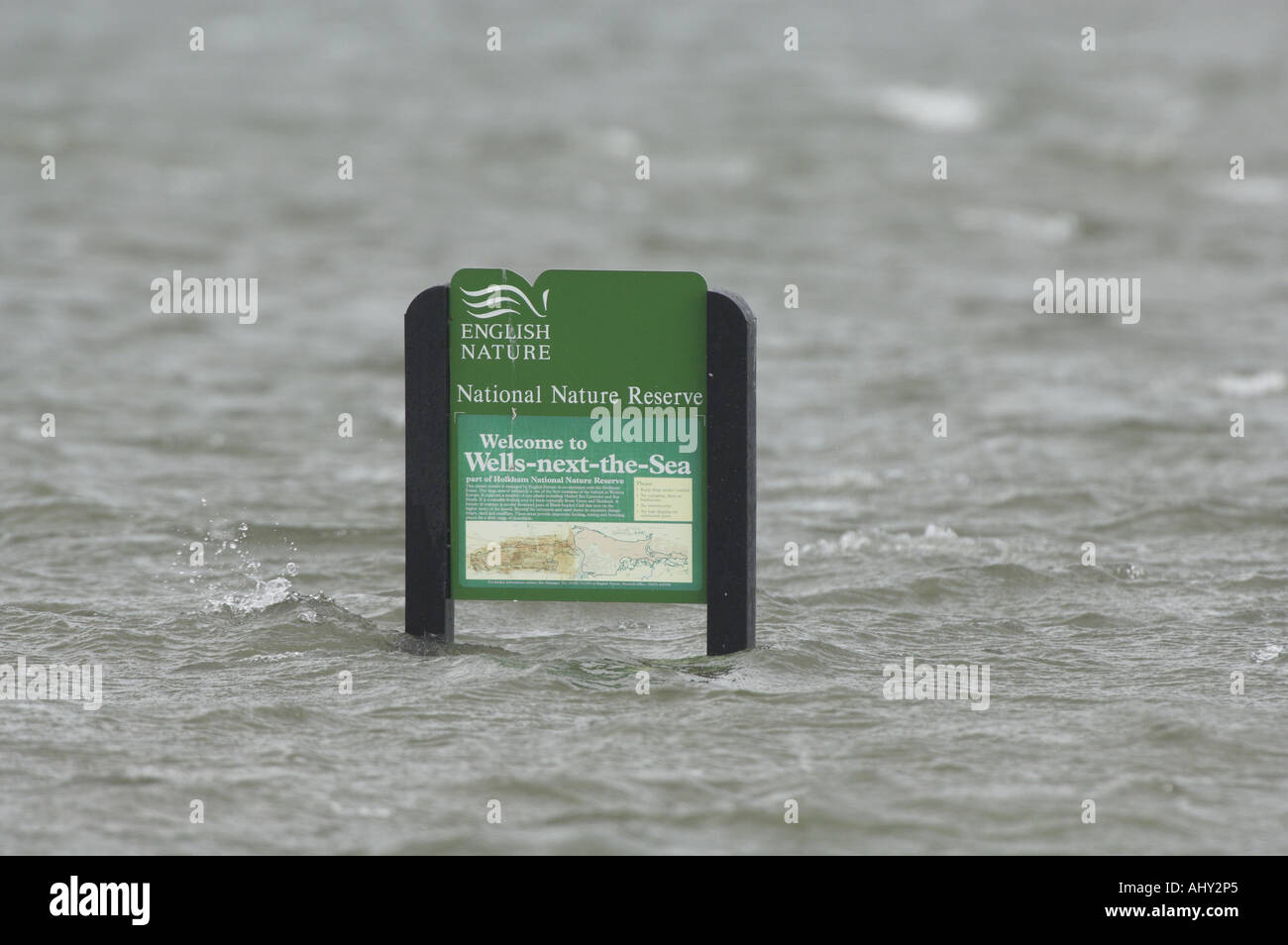 English nature sign underwater during high tide on North Norfolk ...