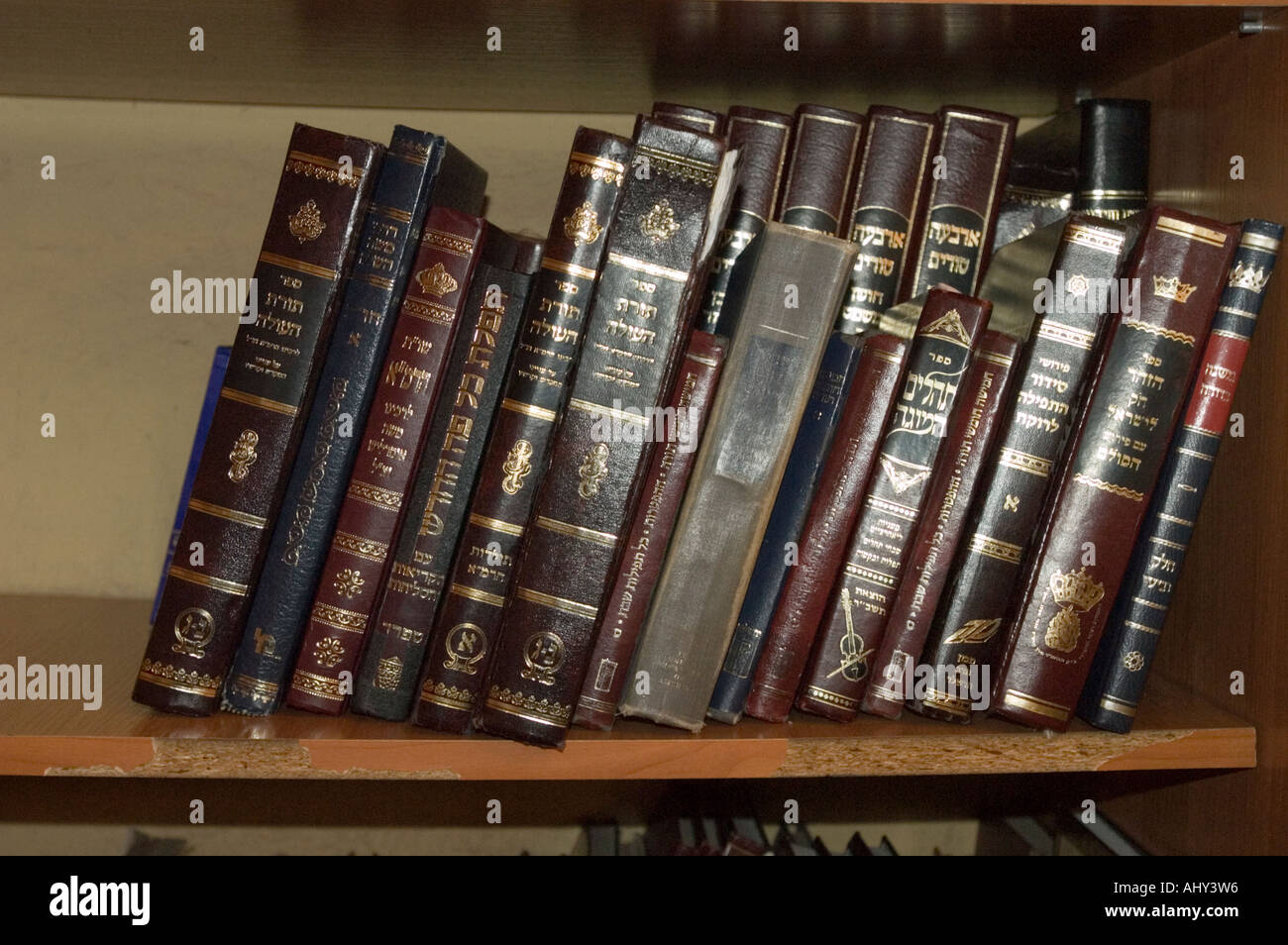 Ancient religious Jewish holy books on the shelf of the Remuh Synagogue ...