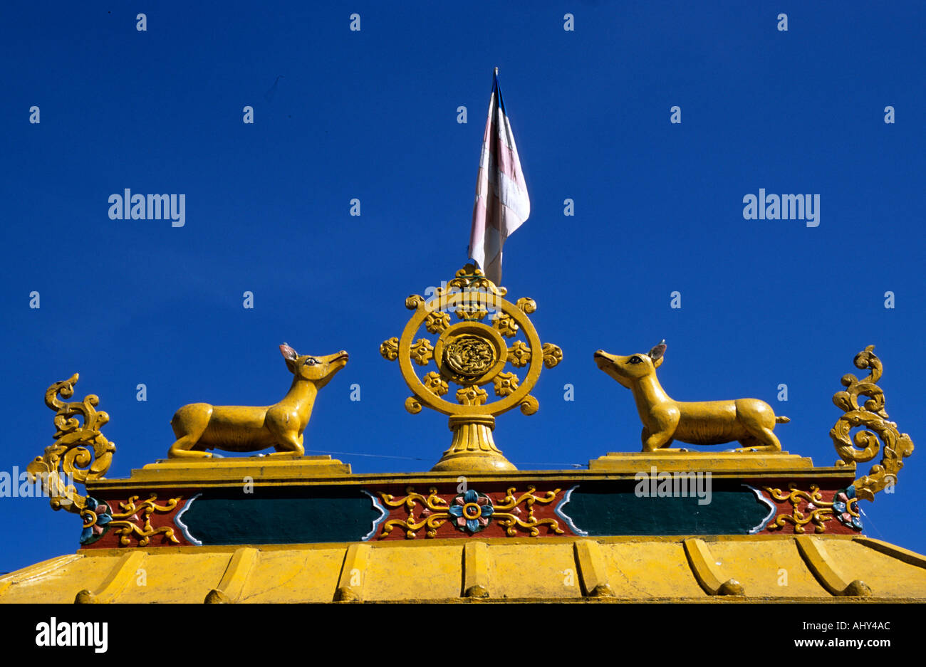 Wheel of Dharma nad pair of deer symbol of two gods Brahma and Indra on ...