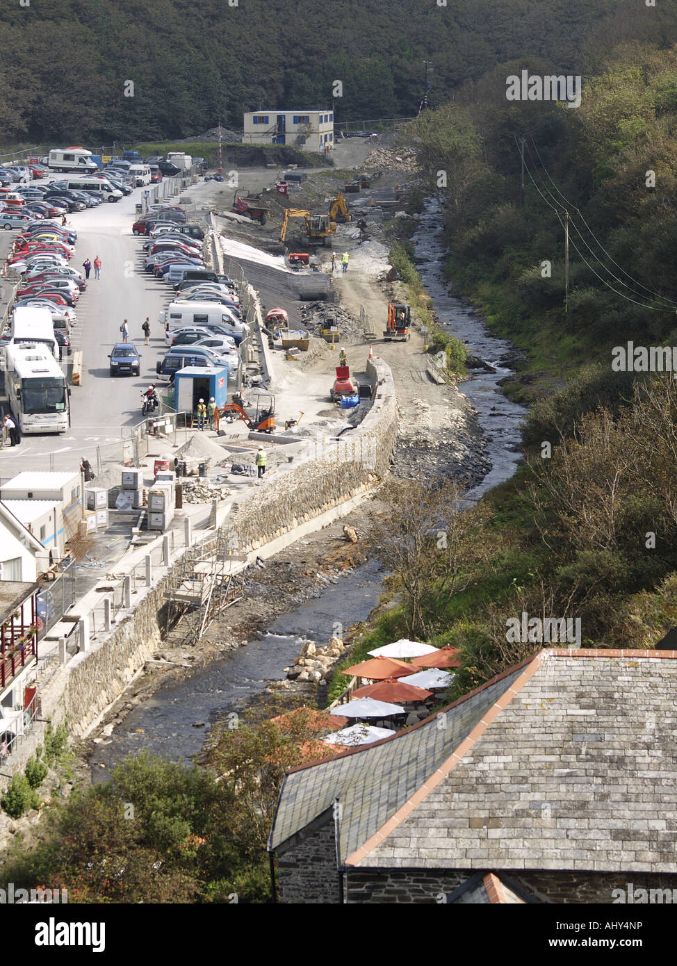 Aerial view of Boscastle. Showing work on the car park. North Cornwall ...