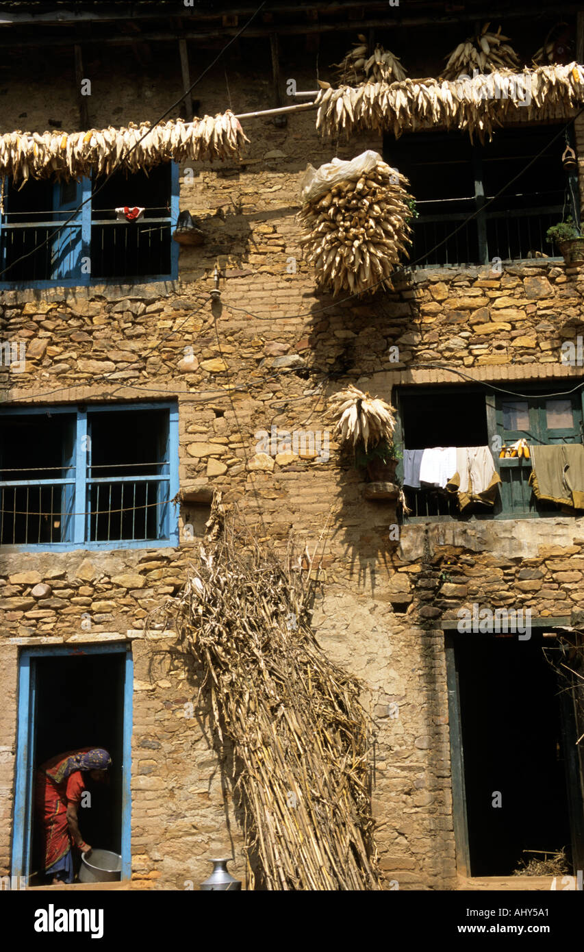 Traditional corn drying on a stone house in Chobhar Village, Kathmandu ...