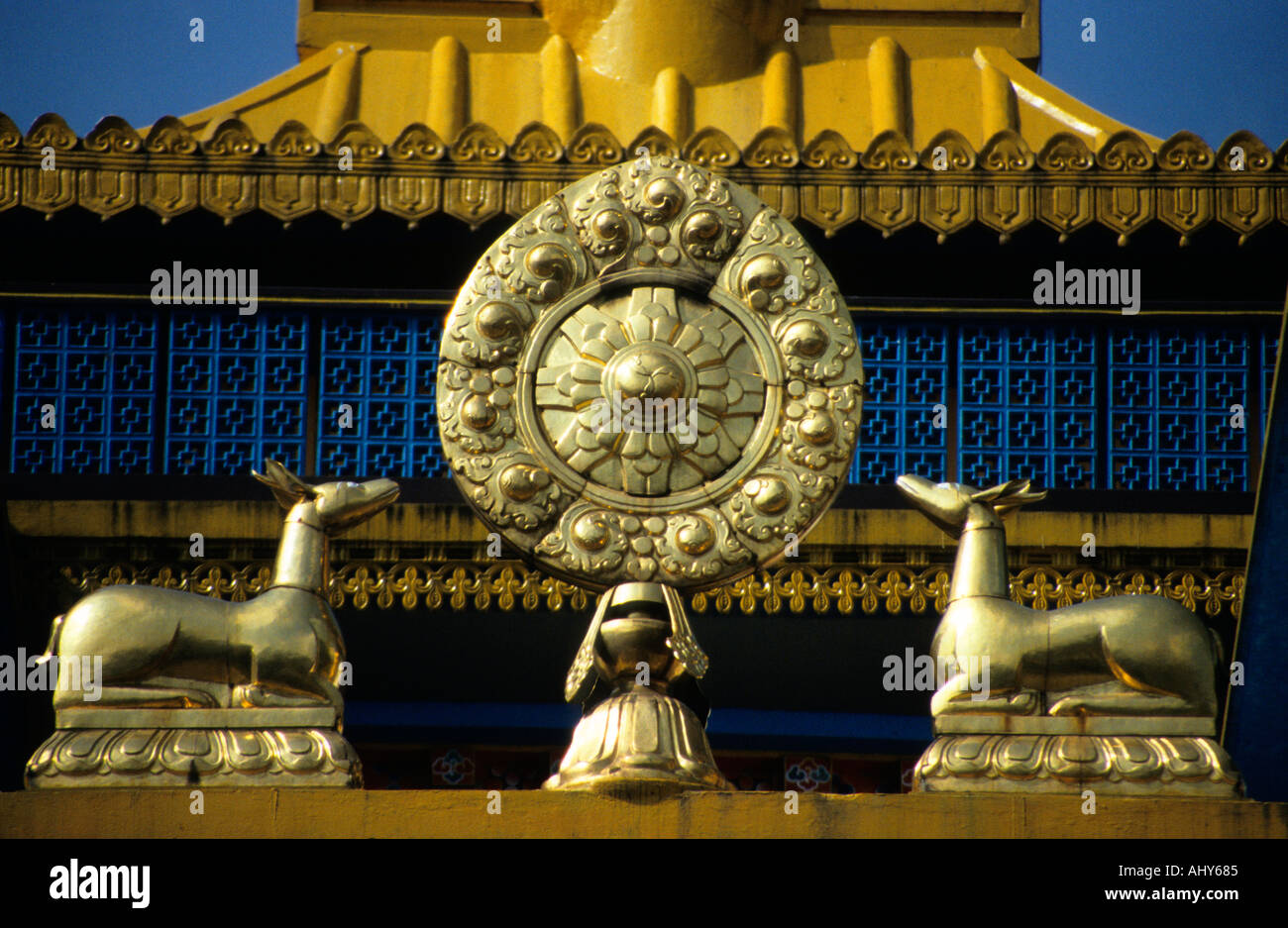 Golden Wheel of Dharma pair of deer symbol of two gods Brahma and Indra ...