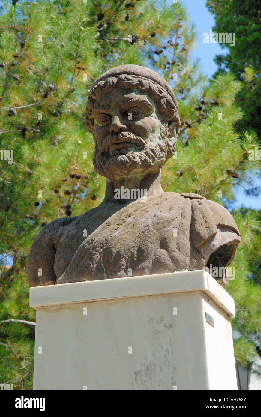 Statue of the Greek hero Ulysses in Stavros on Island of Ithaka the ...