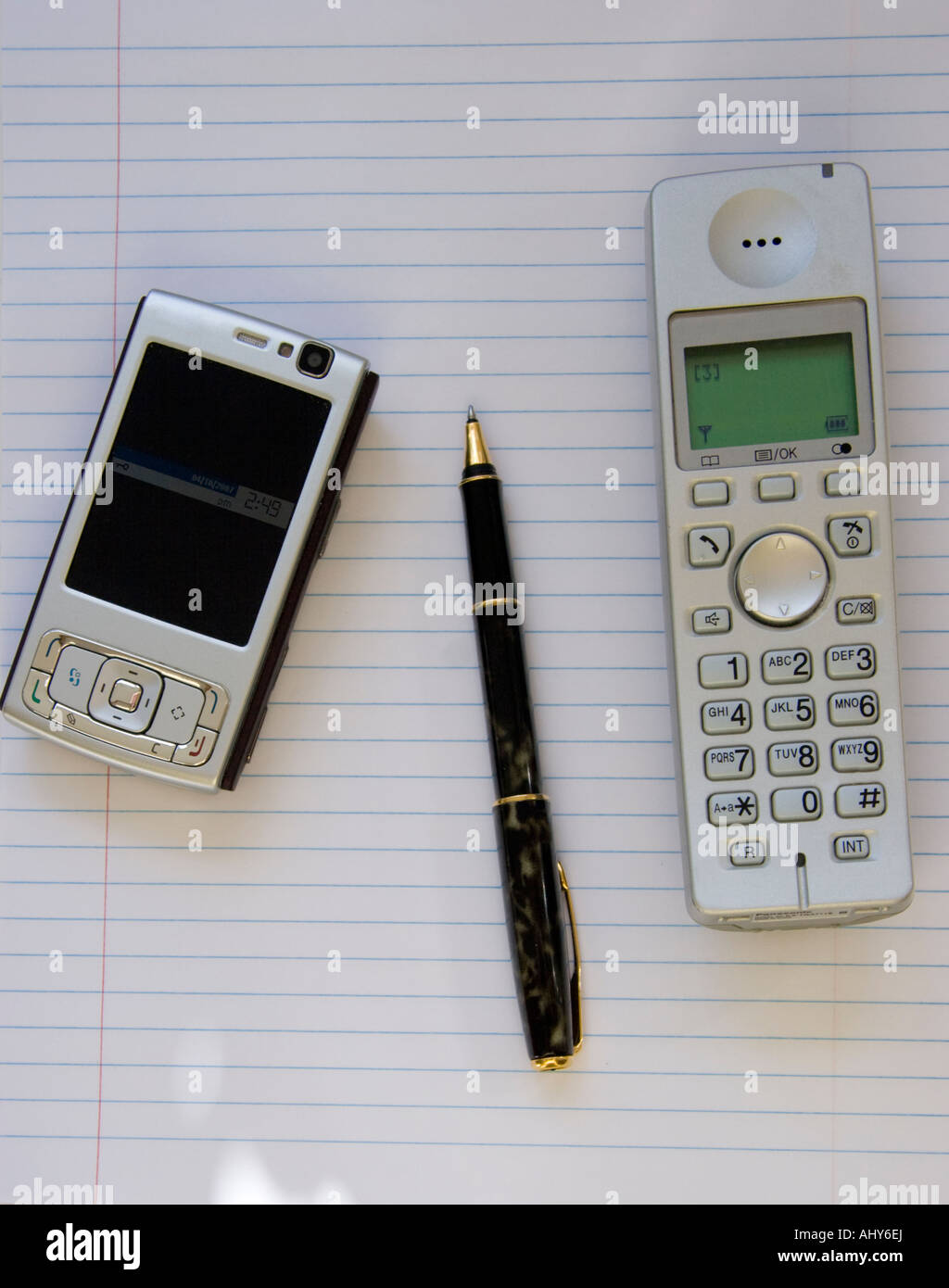 Mobile cellphone pen and phone handset on a sheet of lined paper Stock ...