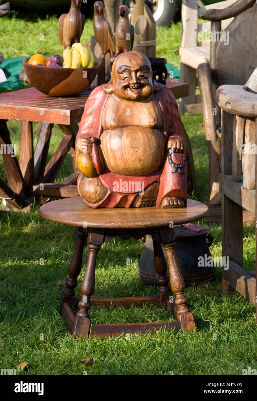 Collection of hand crafted woodwork including a Buddha Stock Photo - Alamy