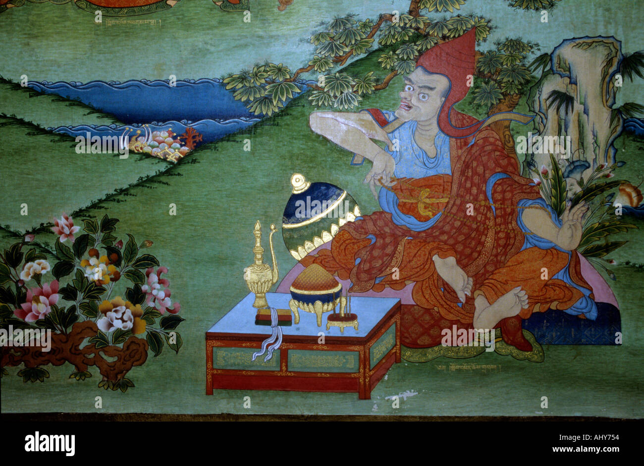 Mural painting symbol of indian buddhist mahasiddha in Norbulingka ...
