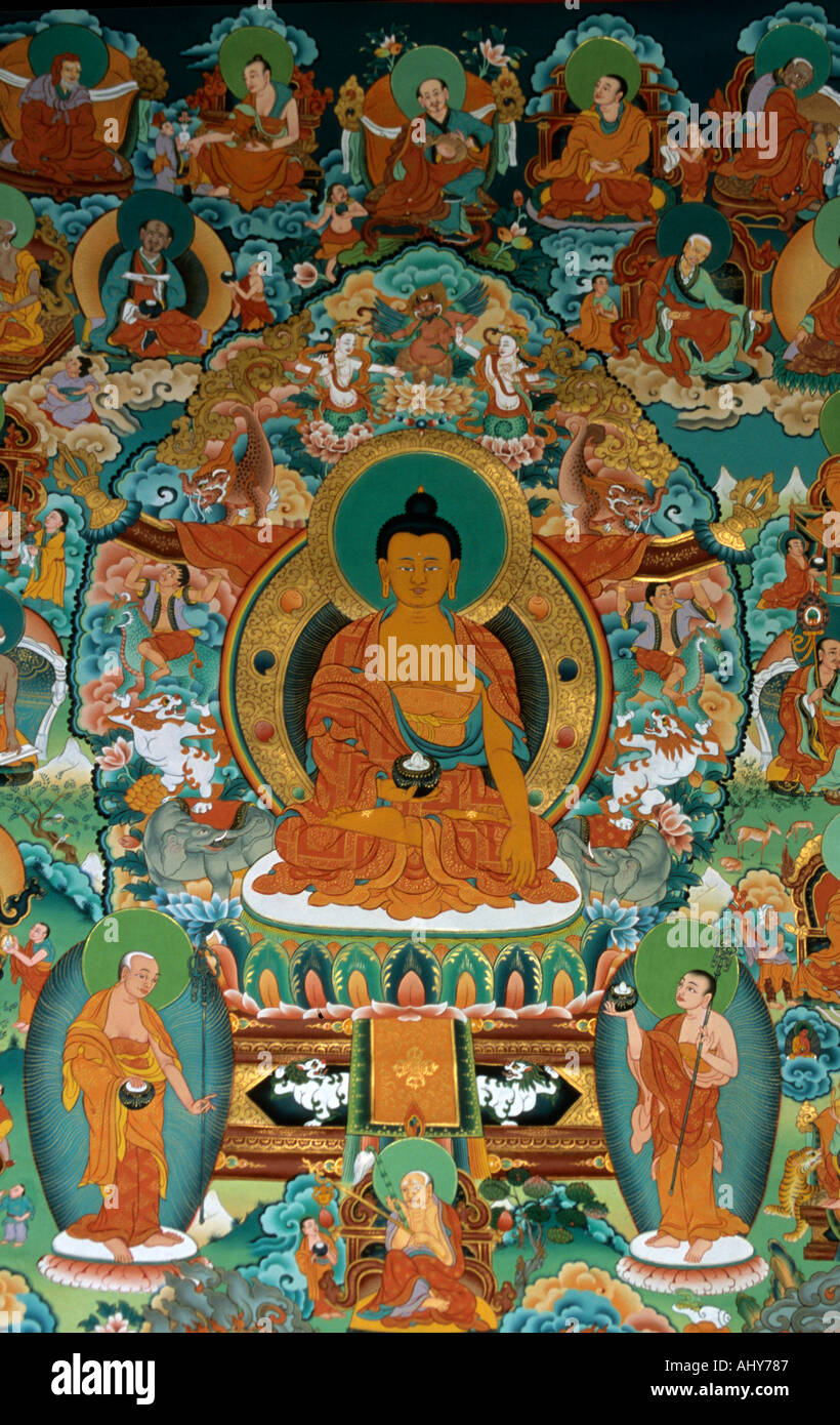 Traditional Tibetan Thangka of Buddha Sakyamuni, central figure ...