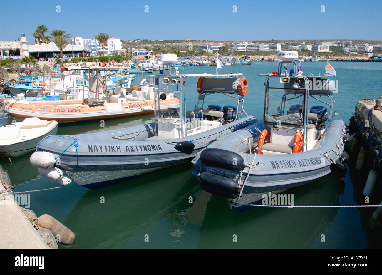 Inflatable police boats in Ayia Napa on the Mediterranean island of ...