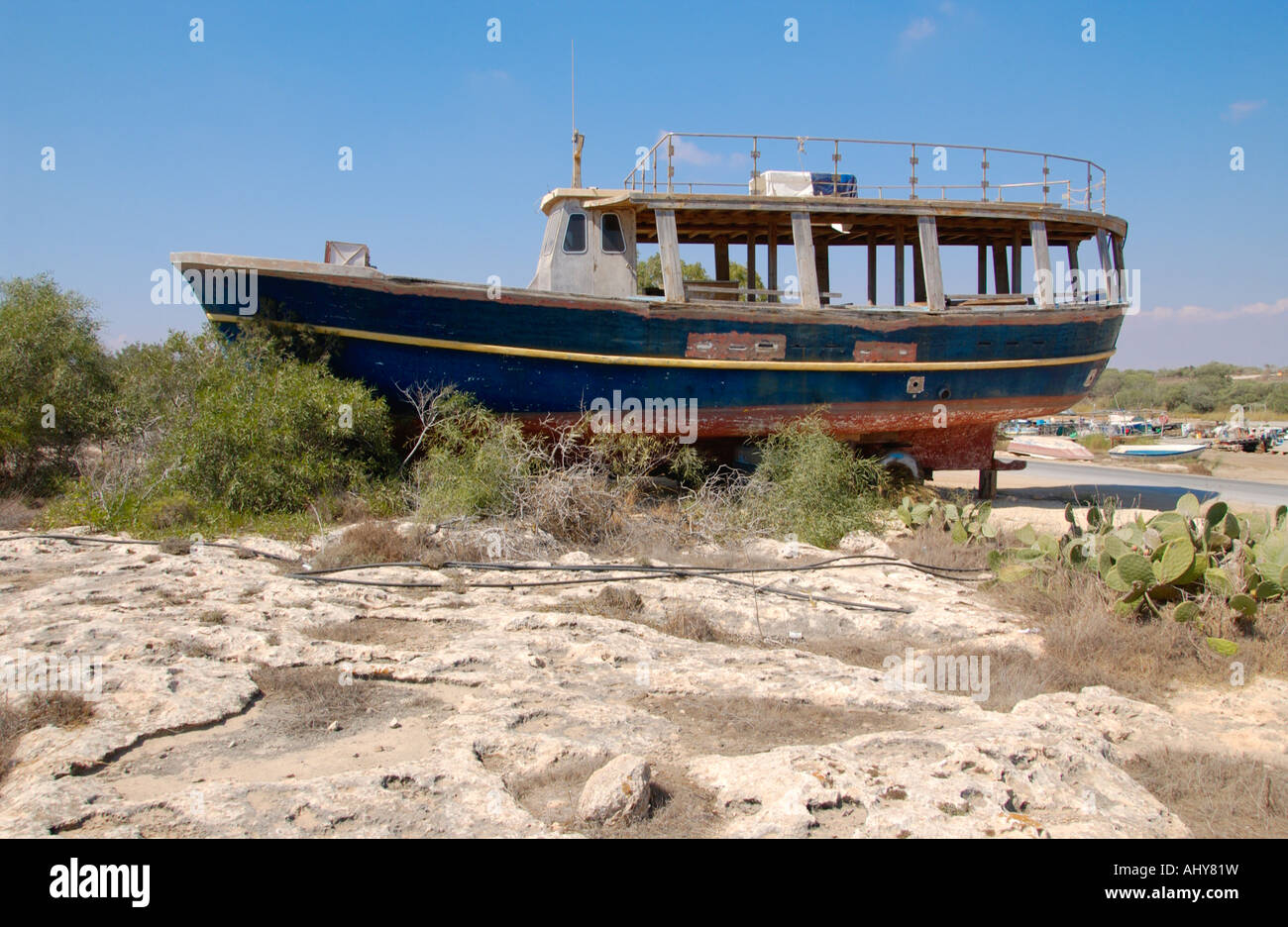Pleasure boat ashore at Potamos Liopetriou Harbour Cyprus EU refuge for ...
